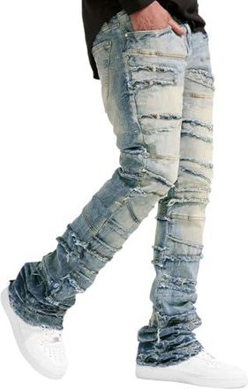 Generico Jean stretch d&eacute;truit pour homme coupe slim Y2K Hip Hop Retro Punk Pantalon de motard streetwear gothique Harajuku Jeans Skinny, bleu clair, S