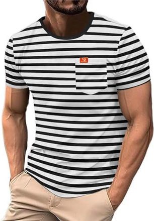 Generic T-shirt décontracté à manches courtes et col rond pour homme - Imprimé rayé - Respirant - Entraînement athlétique - Course à pied - Poche, Noir, XXL