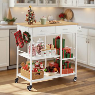 Vasagle K&uuml;chewagen mit Rollen, mobiler Servierwagen mit Stauraum, K&uuml;cheninsel, 45 x 98,7 x 90 cm, 2 Schubladen, 2 Haken, f&uuml;r Esszimmer, eichenbeige-mattwei&szlig; K