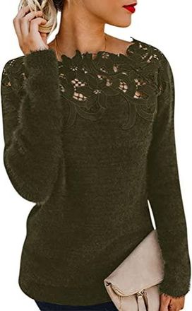 ORANDESIGNE Pull Femme Hiver Chaud Chic Et Élégant Pullover Dentelle Sweat en Polaire Pull Epaule Denudee Haut Manche Longue Chandail Jumper Sweater Armée Verte X