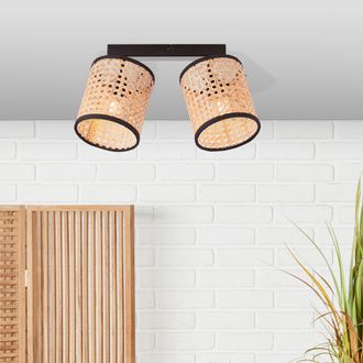 Lightbox 2 flammiger Deckenstrahler im Nature Style - Spotbalken mit schwenkbaren Köpfen - Metall/Rattan Braun/Schwarz