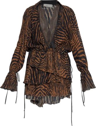 Blumarine Femme, Robes, Brun, Taille: 36 FR Mini-robe &agrave; imprim&eacute; z&egrave;bre et bordure en dentelle