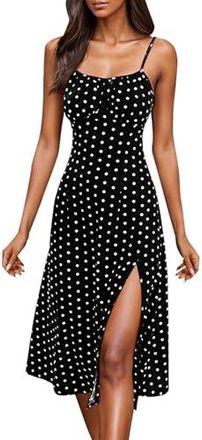 Generic Robe d&eacute;bardeur sexy 2025 pour femme - Spaghetti - Avec d&eacute;bardeur &agrave; pois - Pliss&eacute; - Fendu sur le c&ocirc;t&eacute; - Longue robe de plage en tissu &eacute;ponge, Noir, XXL