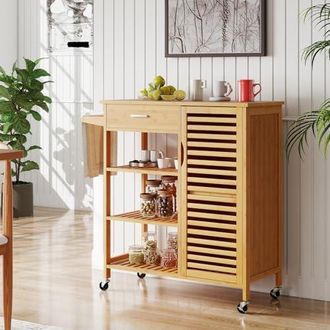 Giantex Chariot de cuisine avec roues, panier buffet en bambou avec plateau spacieux, tiroir, 3 &eacute;tag&egrave;res, armoire et porte-serviettes pour nourriture, vaissel