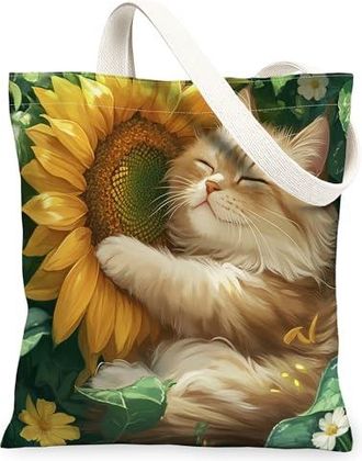 Generic Sac fourre-tout en toile motif chat ragdoll printanier 33 x 38,1 cm, motif tournesol, feuille de tournesol, chaton, sac d&eacute;picerie r&eacute;utilisable, sac d&eacute;