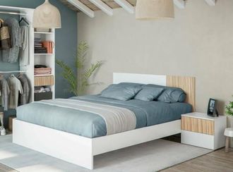 Dmora Kopfteil Yuma, Kopfteil mit 2 Nachttischen, Schlafzimmerset, 266 x 34 x 89 cm, Weiß und Eiche