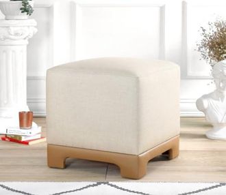 Atelier Del Sofa Stylish Pouffe, Cream & Beige, 50 x 47 x 50 cm | 50% Cotton & 50% Linen, 35 DNS Orthopedic Sponge, 6 cm Thickness | Faux Leather Legs, Modern Comfort