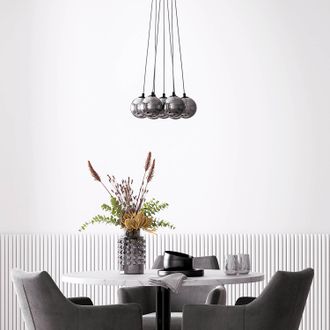 Loistaa home24 Pendelleuchte 7-flammig 36 x 145 x 36cm Grau/Metall Grau glänzend/Rauchglas Material: Glas, Metall LED G9