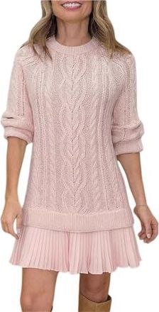 Generic Mini robe pull à col rond en tricot torsadé pour femme, pull plissé à manches longues en patchwork, style double, rose, XXL