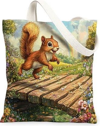Generic Sac fourre-tout en toile avec motif &eacute;cureuil printanier pour le shopping, 33 x 38,1 cm, sac d&eacute;picerie r&eacute;utilisable pour femme, motif floral, paysage, 