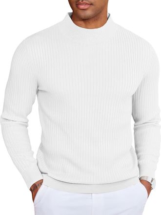 Coofandy Herren Pullover Stehkragen Winterpullover Gerippter Rollkragenpullover Warm Strickpulli Ribbed Mock Neck Sweater Wei&szlig; 3XL