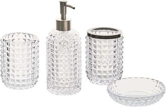 Beliani 4-teiliges Badezimmer-Set Transparent Glas Seifenspender Seifenschale Zahnb&uuml;rstenhalter Becher Eleganter Stil Badzubeh&ouml;r f&uuml;r wc Toilette