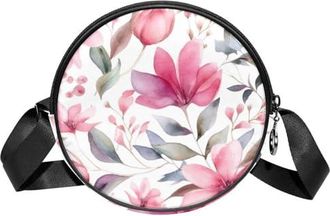 Generic Petit sac &agrave; bandouli&egrave;re circulaire pour femme, motif feuilles florales, sac &agrave; dos avec fermeture &eacute;clair, bretelles r&eacute;glables, sac &agrave; main rond d&eacute;contra