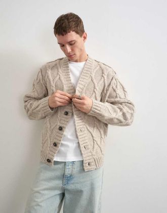 Topman Strick-Cardigan mit Zopfmuster im Relaxed Fit in Oatmeal-Neutral