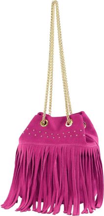 modamoda.de T244 Damen Schultertasche Wildleder mit Fransen und Goldkette handmade in Italy, Farbe:Pink