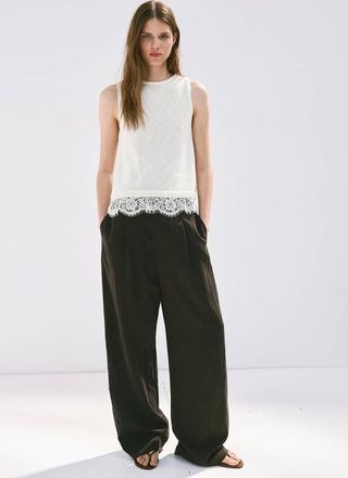 Mango Stricktop mit Spitzendetail ecru - Damen - XXS - MANGO