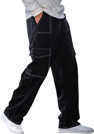 SOLY HUX Herren Baggy Cargohose Freizeithose mit Taschen Weites Bein Sweathose mit Kordelzug Sporthose Casualhose Herbst Stra&szlig;er Outfit Schwarz M