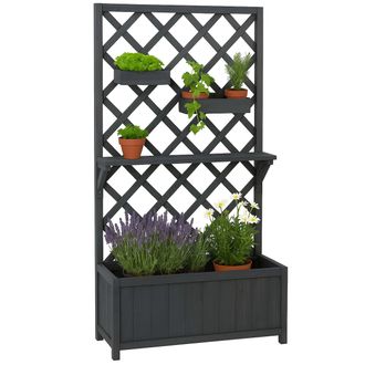 Mendler Hochbeet HWC-P68, Pflanz-/Blumenkasten Rankgitter Rankhilfe Ablage H&auml;ngek&auml;sten Holz FSC 135x70x30cm - anthrazit-grau