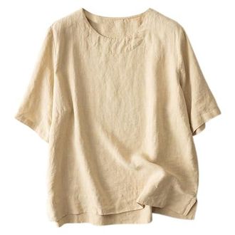 Generic T-shirt Femme Temp&eacute;rament R&eacute;tro Litt&eacute;raire D&eacute;contract&eacute; Pull Lin Manches Courtes T-Shirt Top, jaune, 4=2XL