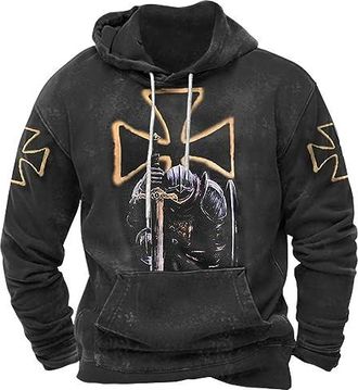 Keephen Homme Chevalier Templier Sweat &agrave; Capuche R&eacute;tro Medieval Crusader Warrior Imprim&eacute; Sweat-Shirt &agrave; Capuche &agrave; Manches Longues avec Poche