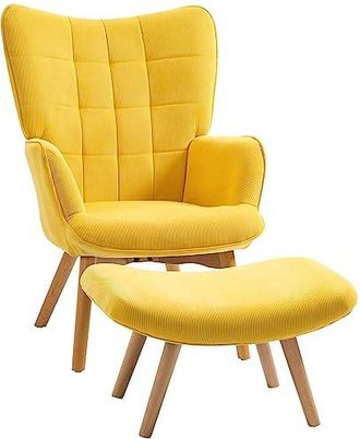 HOMCOM Ohrensessel mit Hocker Sessel Loungesessel mit Cord-Optik, Modern Relaxsessel, Armlehnensessel Lesesessel für Wohnzimmer, Schlafzimmer, Gelb