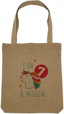 Fabulous Sac Shopping Tote Bag Aspect Lin - I am 7 and Magical Anniversaire Celebration Cadeau Anglais Licorne Fantaisie - Sac de Courses Toile Epaisse 360g Be