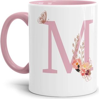 Tassendruck Buchstaben-Tasse mit Blumen - Buchstabe M - Innen & Henkel Rosa - Mug/Cup/Becher/Edel/Geschenk-Idee/Beste Qualität - 25 Jahre Erfahrung