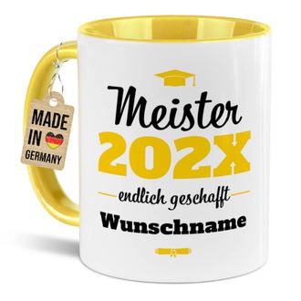 Tassendruck Tasse mit Spruch - Meister - Endlich geschafft - mit Name & Abschlussjahr selbst gestalten - Geschenk zur bestandenen Meisterpr&uuml;fung, Innen & Henkel G