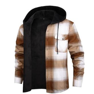 Generic Veste chemise &agrave; carreaux pour homme avec capuche, chemise en flanelle &eacute;paisse pour homme avec doublure, chemise chaude en bois, doublure en polaire, v
