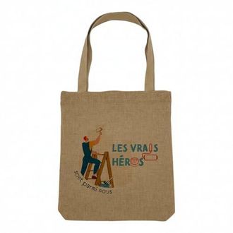 Fabulous Sac Shopping Tote Bag Aspect Lin - Les Vrais H&eacute;ros - Peintre en B&acirc;timents M&eacute;tier Ouvrier Sac de Courses Toile Epaisse 360g Beige Naturel Cabas Port&eacute; E