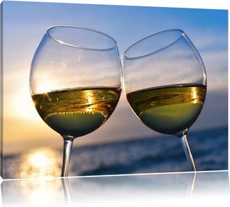 Pixxprint Weingläser im Sonnenuntergang am Meer Bild, Größe: 120x80cm, Leinwandbild, fertig gespannt, Wandbild, Dekoration, Kunstdruck, kein Poster