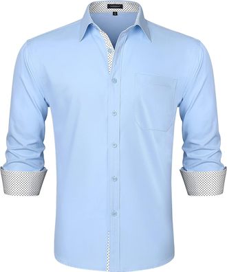 Hisdern Herren Hemd Langarm Blau Regular Fit Hemden Langarmhemd Mit Tasche Casual Oberhemd f&uuml;r M&auml;nner Hemd B&uuml;gelfrei Freizeithemden f&uuml;r Hochzeit,Hellblau,M