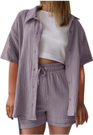 Generic Tenue d&eacute;t&eacute; 2 pi&egrave;ces pour femme avec chemisier et short - Ensemble de d&eacute;tente - Ensemble assorti pour les vacances et la plage, violet, XXL