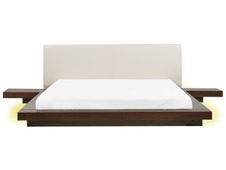 Beliani LED Bett Kunstleder Holzfurnier dunkle Esche Nachttische Lattenrost 180x200cm Zen