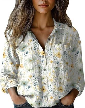 Generico Chemise Femme d&Eacute;t&eacute; Curvy &agrave; Manches Longues Chemisier Coton Et Lin D&eacute;contract&eacute; Respirant Blouse Col en V Doux T Shirt Vintage Fantaisie avec Boutons L&eacute;