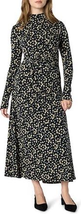 Amazon Essentials Robe Mi-Longue à Manches Longues, Coupe Ajustée et Évasée Femme, Bleu Marine Blanc Crème Pétales, XXL