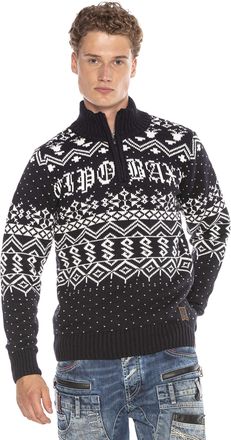 Cipo & Baxx Herren Pullover CP233 Dunkelblau - Stylischer Strickpullover im modernen Design mit hohem Perfekt für Freizeit, Alltag & Coole Streetwear Outfits - CP