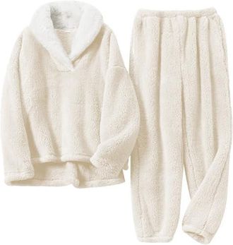 Generic Ensemble de pyjama en polaire pour femme - 2 pi&egrave;ces - V&ecirc;tement de nuit pelucheux pour lhiver, blanc, XXL