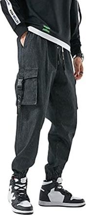 Minetom Straight Fit Jeans Homme Cargo Stretch Pantalon Large Élastique Baggy Denim Pants Jogging Pantalon Streetwear Z11 Noir L