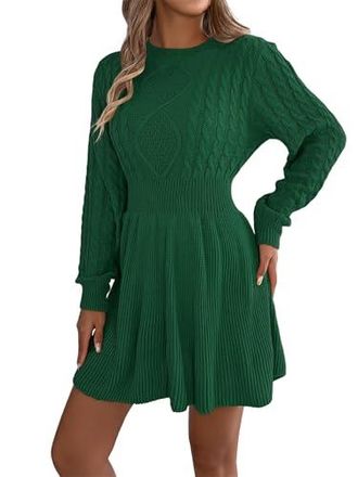 Generic Robe dautomne unie en tricot &agrave; taille courte cintr&eacute;e pour femme, col rond, manches longues, taille cintr&eacute;e, tenues tendance, Vert, L