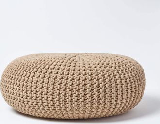 Homescapes Pouf Strickpouf rundes Bodenkissen, Sitzpouf 70 x 23 cm, gepolsterter Sitzhocker, Sitzpuff/Puff mit grob gestricktem Bezug aus 100% Baumwolle, Strickp