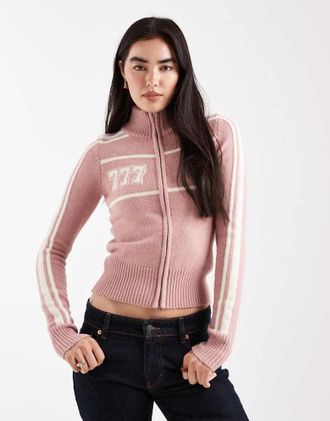 Daisy Street Hochgeschlossene Strickjacke in Rosa und Cremewei&szlig; mit Rei&szlig;verschluss und Engelszahlen-Motiv
