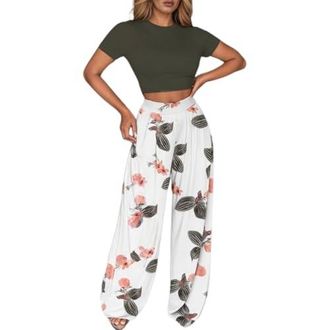 Generic Tenues deux pi&egrave;ces pour femme - Haut court &agrave; manches courtes - Pantalon large imprim&eacute; - Ensemble assorti pour l&eacute;t&eacute;, gris, 4XL