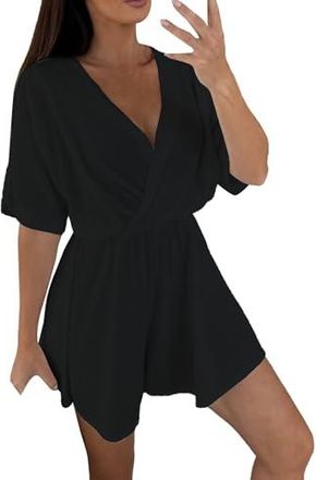 Generic Combinaison d&eacute;t&eacute; &agrave; manches courtes pour femme - Combinaison de sortie pour femme - Col en V - Combinaisons habill&eacute;es avec manches courtes - Salopette 