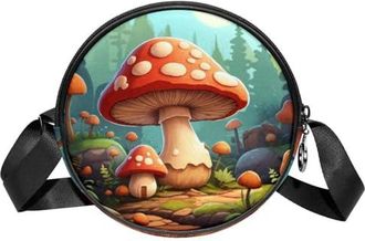 Generic Petit sac &agrave; bandouli&egrave;re rond pour femme, motif champignon de for&ecirc;t avec fermeture &eacute;clair, bretelles r&eacute;glables, sac &agrave; main rond d&eacute;contract&eacute; pour femmes