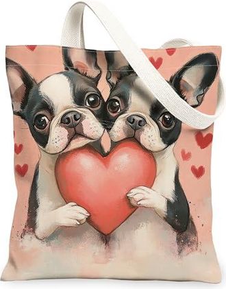 Generic Sac fourre-tout en toile motif terrier de Boston pour faire du shopping, 33 x 38,1 cm, sac d&eacute;picerie r&eacute;utilisable pour la Saint-Valentin, sac d&eacute;piceri