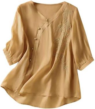 Generic Chemisiers en lin pour femme &agrave; manches 3/4 vintage avec broderie boutonn&eacute;e et manches courtes - Hauts d&eacute;contract&eacute;s pour femme - V&ecirc;tements boh&egrave;mes, jau
