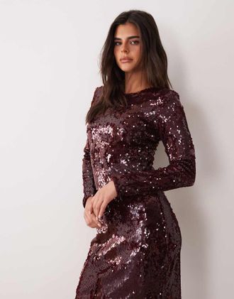 Vila robe longue &agrave; manches longues &agrave; sequins bordeaux-Rouge