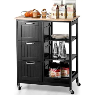 Costway Desserte de Cuisine avec 3 Tiroirs 67x37x82,5CM Chariot de Service avec Plateau Amovible et Comptoir en bois dh&eacute;v&eacute;a Noir - Costway