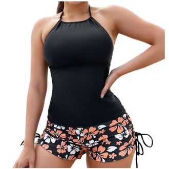 Generic Tankini pour femme - Contr&ocirc;le du ventre - Grande taille - Maillot de bain rembourr&eacute; taille haute imprim&eacute; - Dos nu - Bas de bikini pour femme, Orange, 
